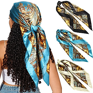 CHLINS 35" Satin Square Hair Scarf Bandanas - 3Pcs Large Silk Head Scarves Lightweight Satin Hair Kerchief Sleeping Hair Wraps for Women (Blue+Black+Beige)