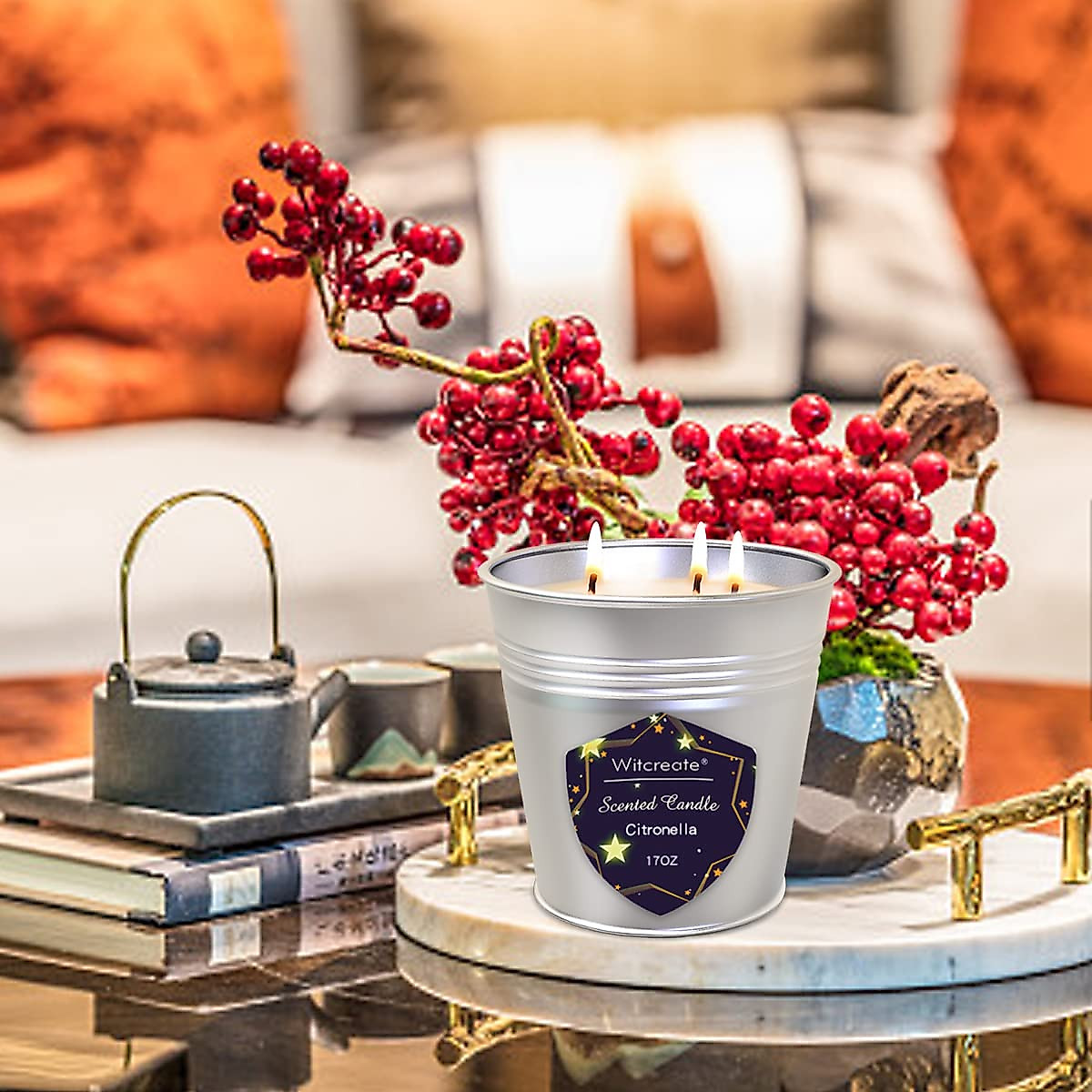 Wticreate Citronella Candles Outdoor Indoor 2 Pack 3-Wick Total 34Oz，Burn 200 Hours Long Lasting for Summer Garden,Party