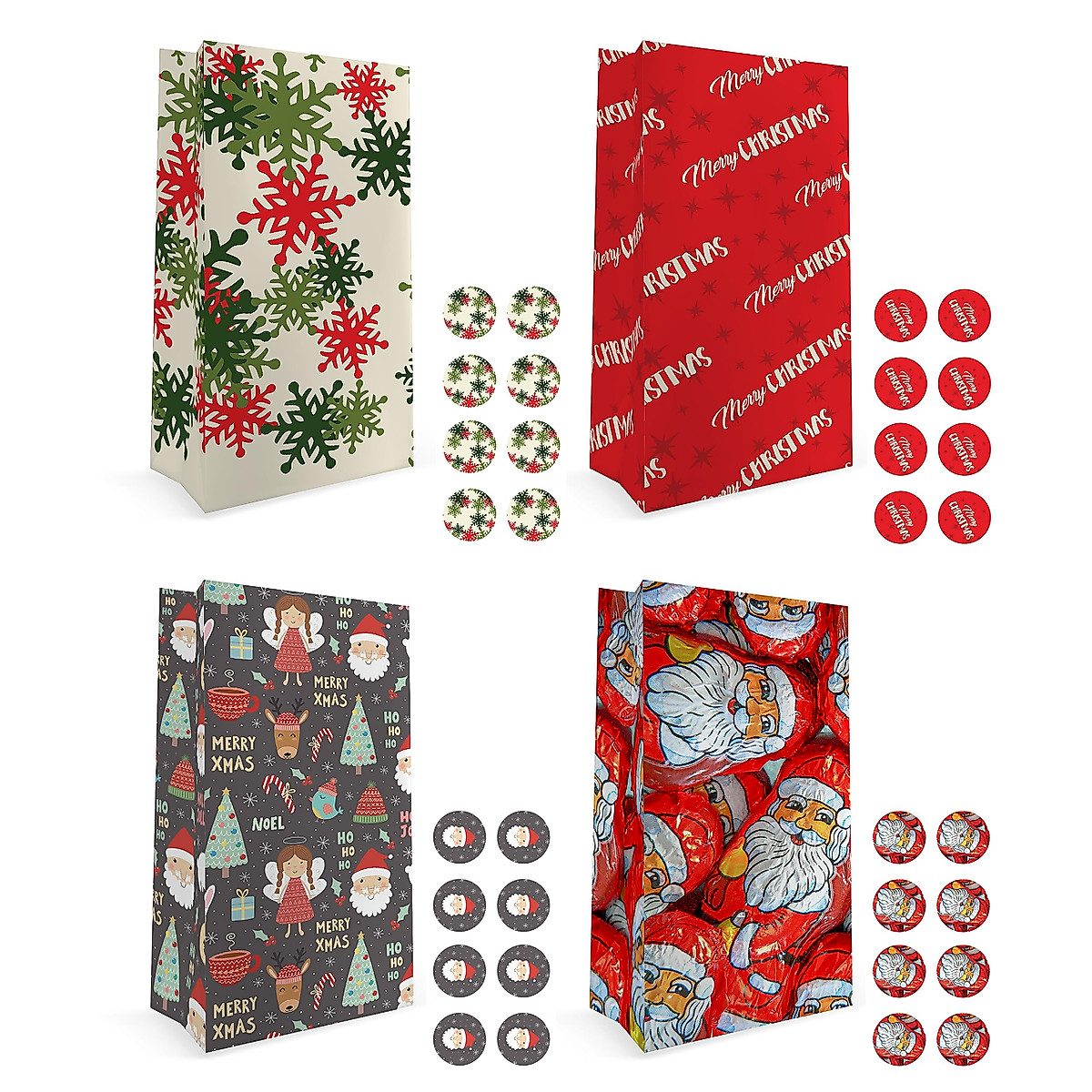 easykart labels Christmas Treat Bags, 32 Pcs Christmas Paper Bags, 32 Pcs Christmas Stickers, Christmas Goodie Bag Party Supplies for Classrooms, Party Favors, Kraft Holiday Goody