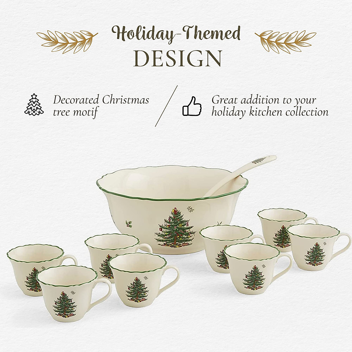 Spode Christmas Tree 10 Piece Punch Bowl Set- Made of Fine Porcelain Includes - 1 Punch Bowl - 1 Ladle - 8 Punch Cups - Punch Bowl is 11 Inch - Punch Cups are 8 oz.