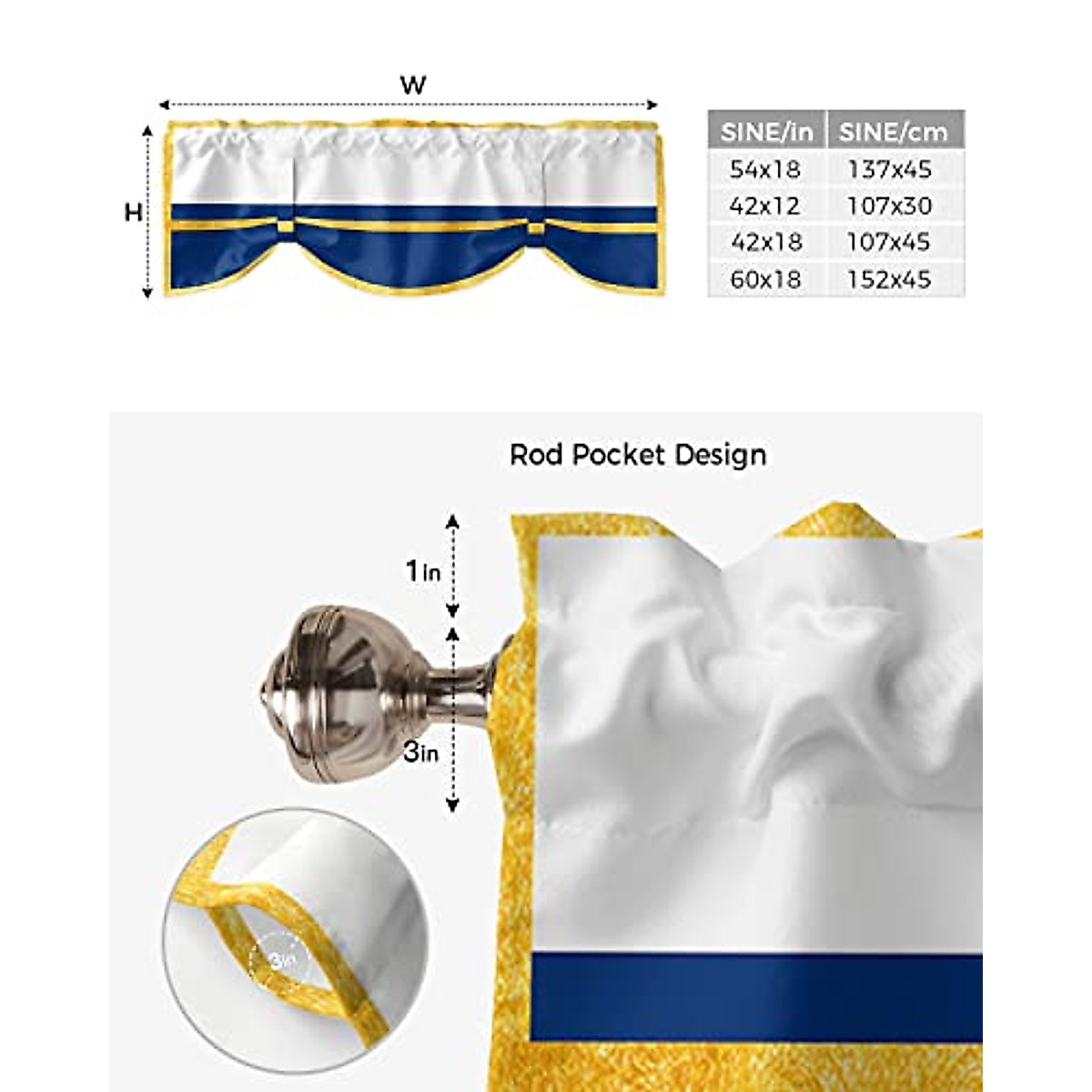 Blue White Block and Gold Yellow Lines Tie Up Valance Curtain for Kitchen-Small Window Shade Valances Adjustable Rod Pocket Windows Treatment for Bathroom Decor Modern Minimalist Art,1 Panel 42x12in