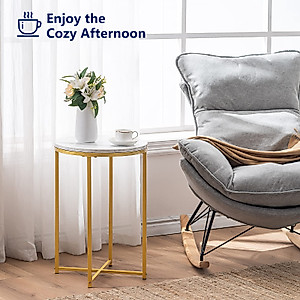 TECHMILLY Round End Table, Faux Marble Sofa Table, Accent Side Table with Metal Frame, Modern Gold Nightstand, Tall Coffee Table for Living Room, Bedroom-2 Packs