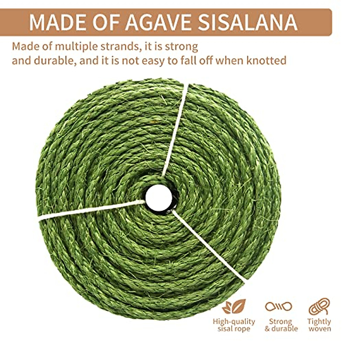 Green Natural Sisal Rope 1/4 Inch 6mm 98-Feet for Cat Scratching Post Tree Tower Replacement Repair and Replace, DIY Hemp Twine Rope for Cat Scratching Furniture Window Perch and Crafts Gardening
