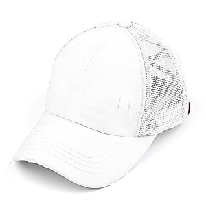 Funky Junque Ponytail Messy Bun Trucker Ponycap (Mesh - White w/Criss Cross Back)
