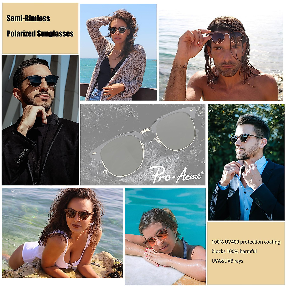 Pro Acme Classic Semi Rimless Polarized Sunglasses with Metal Rivets (Black/Gold Rimmed)