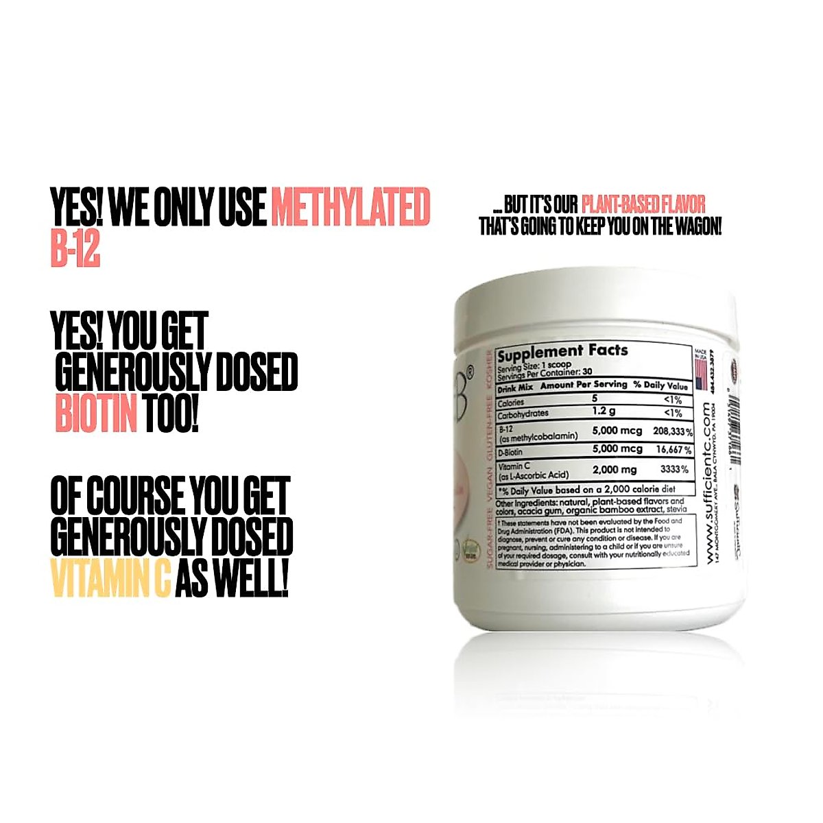 Sufficient-C Abundant-B High-Dose Methyl B-12 and Biotin Pink Lemonade Energy Drink Mix Solution - Flavor w/Function in Each Refreshing sip!