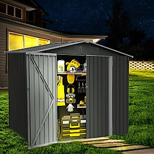 6x8 FT Outdoor Storage Shed, Garden Tool Storage Shed with Sloping Roof and Double Lockable Door, Outdoor Shed for Garden Backyard Patio Lawn