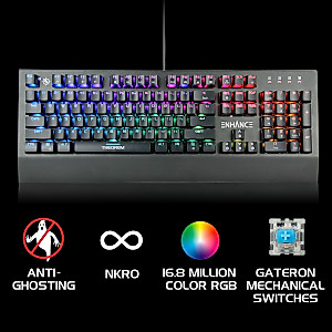 ENHANCE Mechanical Gaming Keyboard - Theorem Backlit LED RGB Gateron Blue Switches - Programmable Macros, Brushed Aluminum Metal, NKRO, Anti-Ghosting, Software Customization - 13 Lighting Effects
