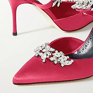 FOWT Women’s Studded Crystals Stiletto High Heel Slippers,Backless Slip On Makeup Party Pumps for Lady,Pointy Toe Satin Evening Dress Party Shoes