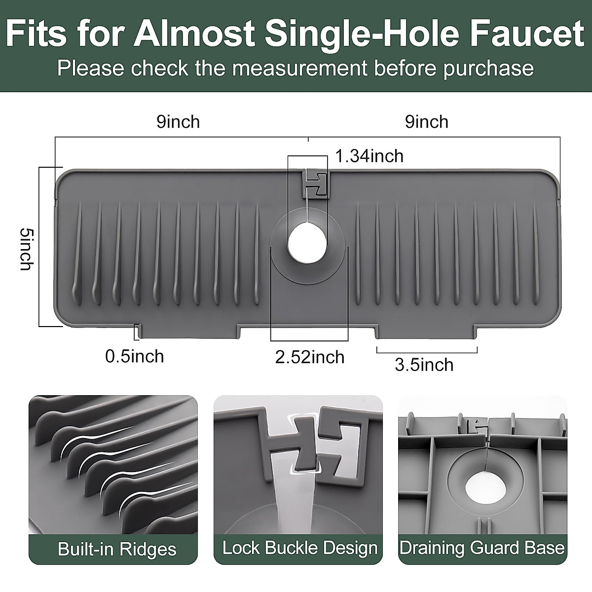 iArtker 18"×5" Sink Splash Guard,Silicone Faucet Mat for Kitchen Bathroom Sink,Draining Mat Faucet Handle Drip Catcher Tray, Sink Organizer Holder for Sponge Dish Soap