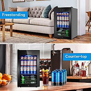 Beverage Refrigerator 17 inch Wide - 126 Can Beverage Cooler with Glass Door | Counter-Top/Freestanding Mini Beverage Beer Fridge | Temperature Memory | Invisible Door | Perfect for Soda,Beer