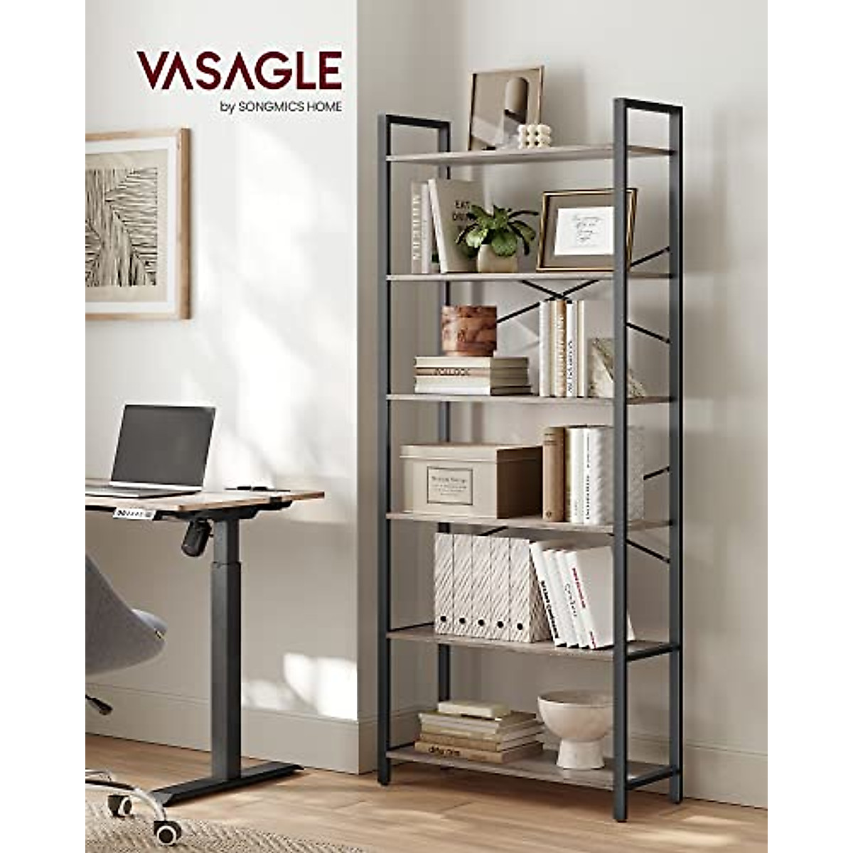 VASAGLE 6-Tier Tall Bookshelf, Large Bookcase with Steel Frame, Deep Book Shelf for Living Room, Home Office, Study, 11.8 x 31.5 x 73.2 Inches, Industrial Style, Greige and Black ULLS082B02