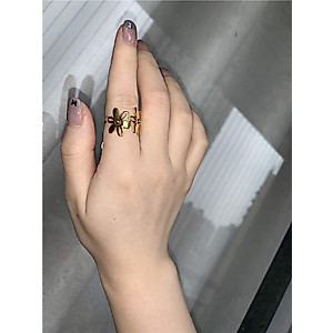 Vintage Daisy Flower Stainless Steel Statement Open Ring for Women Girls Polished Comfort Fit Filigree Hawaiian Sunflowers Adjustable Promise Band Rings Birthday Holiday Gifts BFF Mom (Gold Size 7)