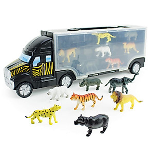 Boley 8 Piece 14" Safari Transport Truck Carrier - Miniature Animal Figures with Semi Truck Trailer Toy - Loadable Miniature Animals with Portable Truck and Collapsible, Easy-to-Hold Handle