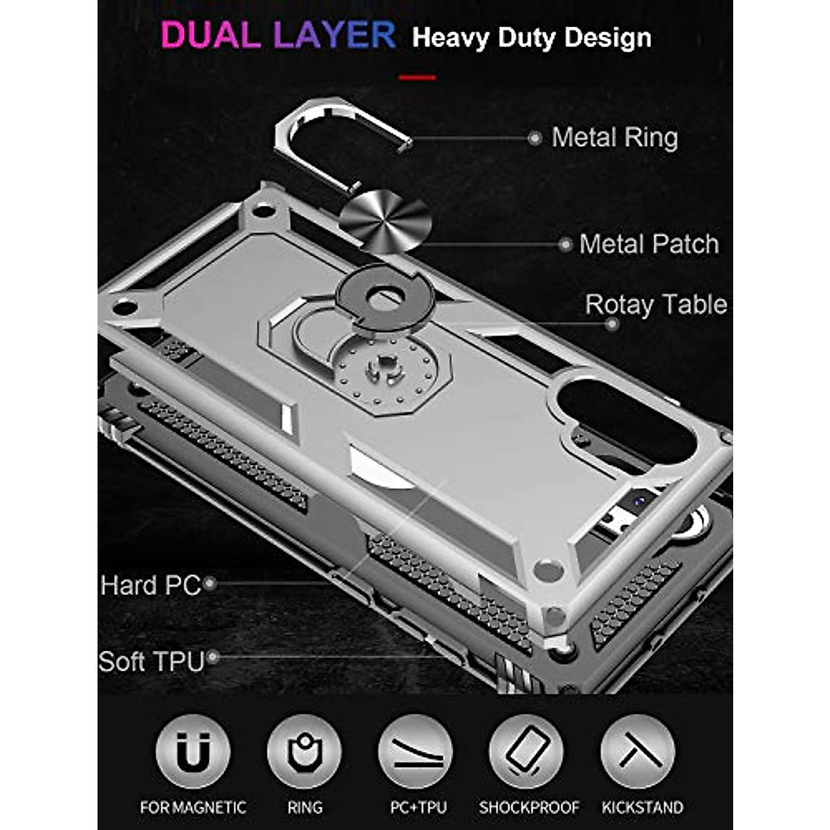 LUMARKE Galaxy Note 10+ Plus Case,Pass 16ft. Drop Test Military Grade Heavy Duty Cover with Magnetic Ring Kickstand,Protective Phone Case for Samsung Galaxy Note 10 Plus Silver