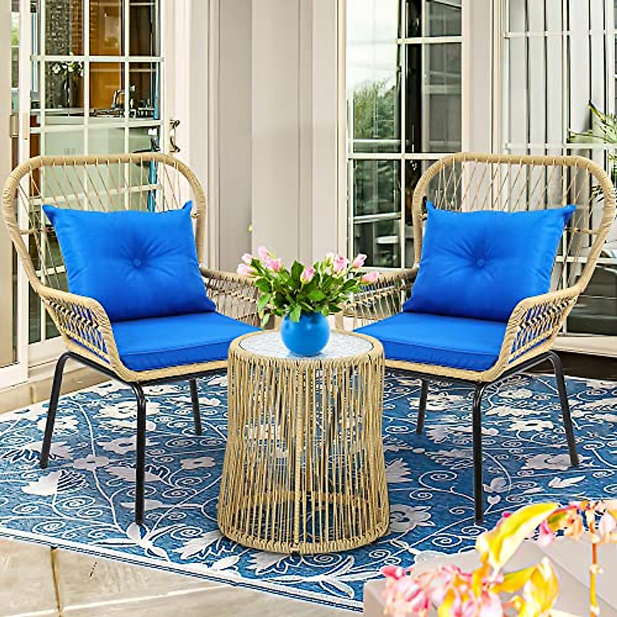 YITAHOME 3-Piece Outdoor Patio Furniture Wicker Bistro Set, All-Weather Rattan Conversation Chairs for Backyard, Balcony and Deck with Soft Cushions, Glass Side Table (Light Brown+Navy Blue)