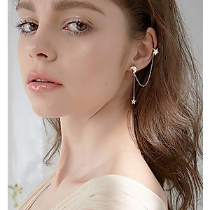 SLUYNZ 925 Sterling Silver Cuff Earrings Chain for Women Asymmetric Star Moon Earrings Crawler Earrings Dangling Chain (A-Silver)