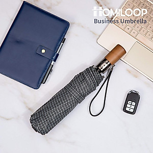 HOMILOOP Compact Folding Umbrella,10 Ribs Business Brolly,Automatic Opening,Compatible Rainy and Sunny Weathers,Vintage Plaid and Wooden Handle Parasol
