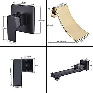 PGBDQHFF Gold/Matte Black Waterfall Basin Faucet Wall Mounted for Bathroom Faucets Bath Basin Sink Tap Bathtub Hot and Cold Water Mixer(Matte Black B)