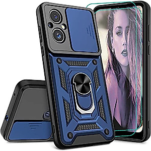 Suyomo for Oneplus Nord N20 5G Case with Tempered Glass Screen Protector [2Pcs],1+ Nord N20 Heavy Duty Case with Camera Cover Ring Holder Stand Shockproof Dual-Layer Protection Phone Case (Blue)