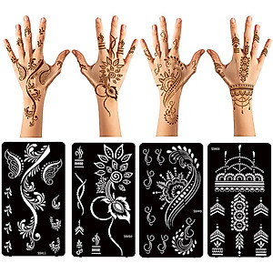 XMASIR 12 Sheets Henna Tattoo Stencils, Glitter Airbrush Hand Temporary Tattoo Stickers Indian Arabian Self Adhesive Tattoo Templates (S5-12P)