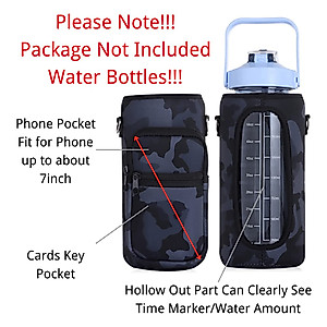 Insulated Neoprene Water Bottle Carrier Holder Sleeve - Fits 64oz Sport Water Bottle, with Adjustable Shoulder Strap & Pockets, Water Bottle Sling Bag Punch Cover for Gym Outdoor Camping Hiking(Black