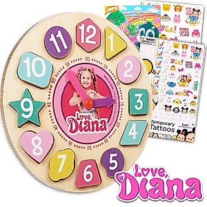 Love Diana Clock Puzzle Shape Sorting Game for Toddlers, Kids ~ 5 Pc Learning Toy Bundle with Love Diana Wooden Clock, Temporary Tattoos, and More (Love Diana Wood Toys)