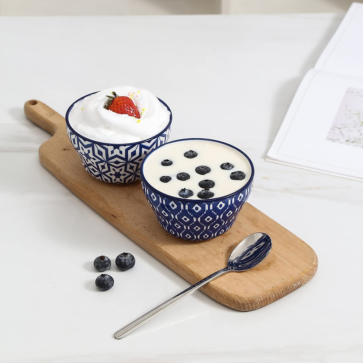 Selamica Ceramic 8oz Bouillon Cups 4 Inch Small Bowls, Dessert bowls for Soup Dipping Sauce Coffee Cupping, Microwave Dishwasher Safe, Set of 6, Vintage Blue