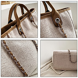 XACKWUERO Women Fashion Classic Canvas Bag Large-Capacity Shoulder Handbag Tote Shopper Bag with Chain Shoulder Strap (Khaki)