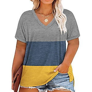 Plus Size Short Sleeve Tops for Women Color Block V Neck Sexy Tshirts XL CBD 14W