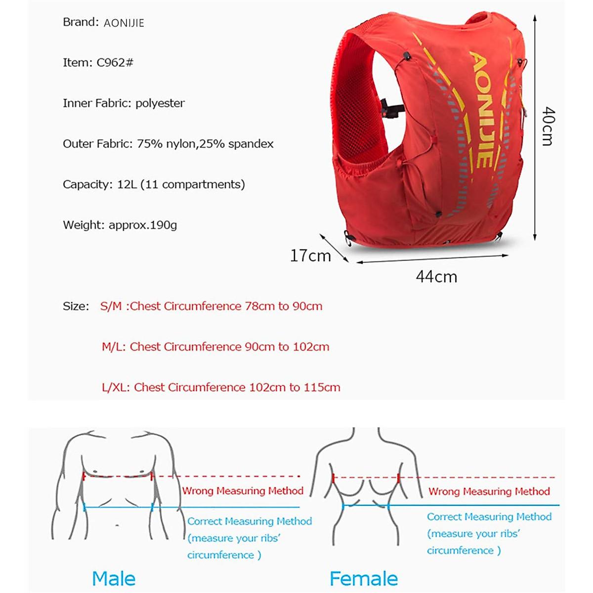 AONIJIE 5L/12L Men Women Running Vest Pack Hydration Backpack Outdoor Sports Bag for Marathon Cycling Hiking (12L# Orange+2 Pcs Soft Flasks (450ml), L/XL(40.16-45.27inch))