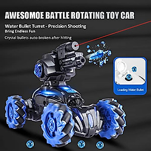 CXJ RC Tank Car, 3 Turret Remote Control Car, RC Tank That Shoots Water Bullets, 4WD RC Stunt Car with Chase Light Control, Bubble, Spray, 360°Rotating, LEDs Music, Toy Gifts for 8-12 Boys Kids