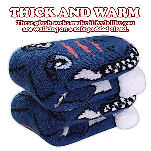 FNOVCO Kids Fuzzy Slipper Socks Toddler Boys Girls Soft Thick Cozy Fluffy Grips Socks Warm Fleece Lined Winter Indoor Non Slip Socks (8-12 Years, Blue Shark)