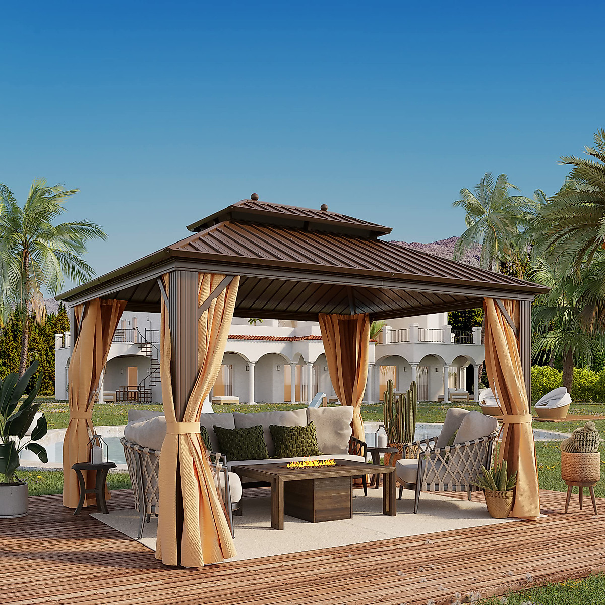 GAZEBEST 10' X 12' Permanent Hardtop Gazebo, Outdoor Galvanized Steel Double Roof Pavilion Pergola Canopy with Aluminum Frame and Privacy Curtains for Garden Patio,Patio Backyard,Deck and Lawns