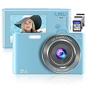 Saneen Digital Camera, FHD 2.7K & 44MP Kids Camera Video Cameras for Photography with 32GB SD Card 16X Digital Zoom, Compact Point and Shoot Camera Small Camera for Beginners, Kids and Teens-Blue