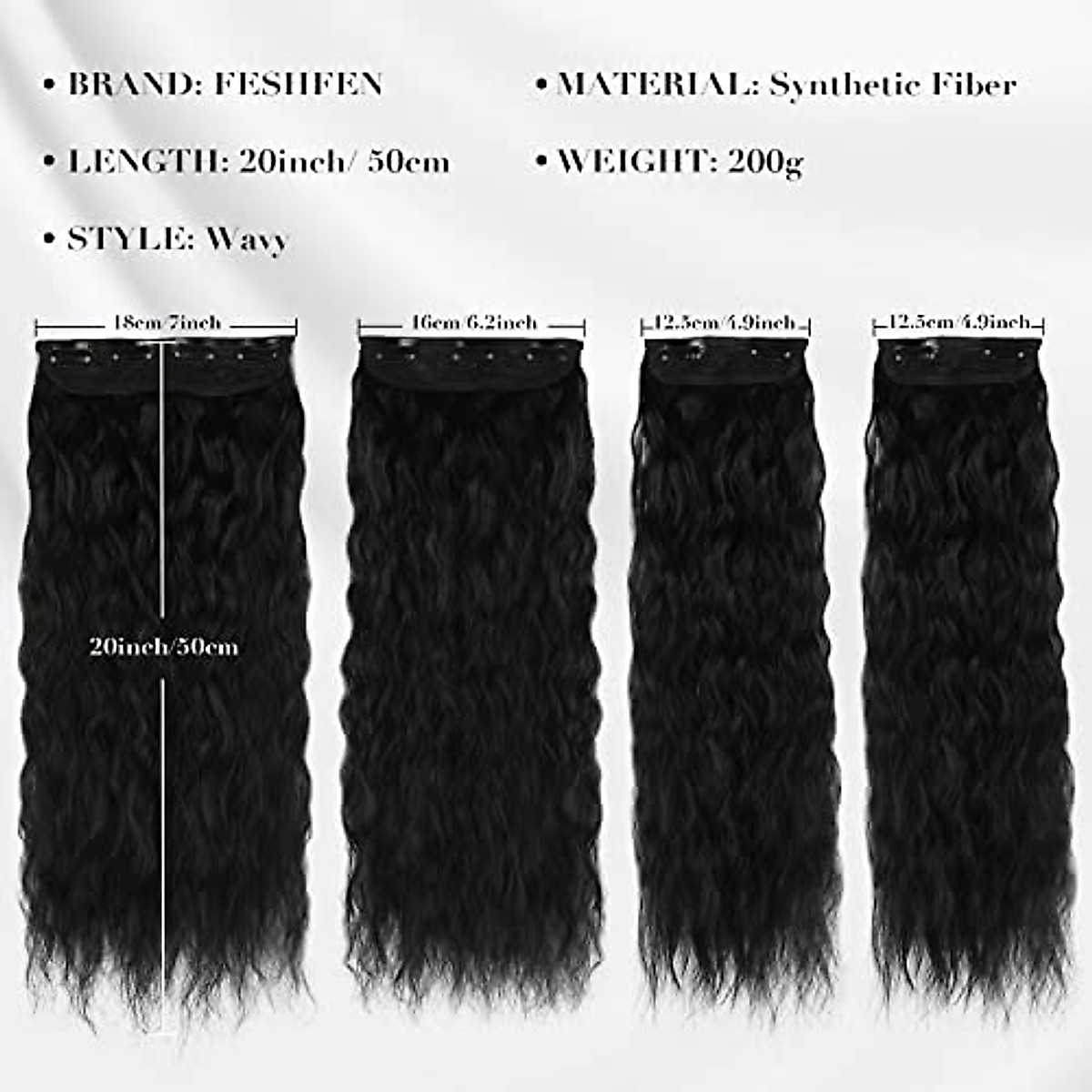 FESHFEN Clip in Hair Extensions for Women 4 PCS Thick Full Head Curly Wavy Clip in Extensions Synthetic Long Off Black Double Weft Hair Hairpieces 20 inch