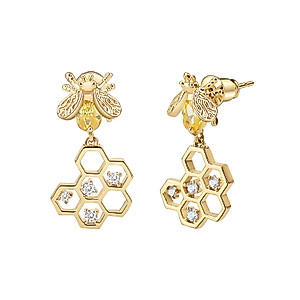 Emibele Dangle Earrings, 925 Sterling Silver Needle Cubic Zirconia Brass Small Bee & Honeycomb Drop Earrings for Women Ladies Adult Fashion Jewelry Accessories - Champagne Gold