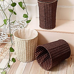 PATKAW Woven Baskets Woven Laundry Basket Rattan Woven Waste Baskets Round Trash Bin Garbage Bin Basket Organizer Bathroom Offices Home Decoration (Coffee) Woven Baskets Woven Laundry Basket