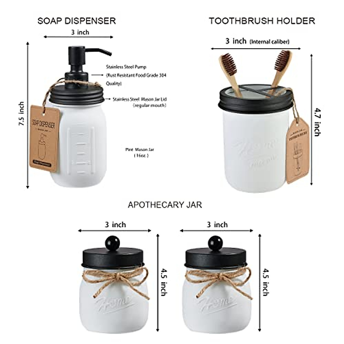 White Mason Jar Bathroom Accessories Set (6PCS) - Lotion Soap Dispenser,Toothbrush Holder,2 Apothecary Jars, Soap Dish Tray,Storage Organizer Basket Bin - Rustic Farmhouse Decoration (Black)
