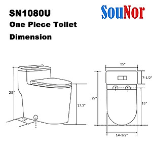SouNor SN1080 One Piece Toilet 3-in Dual Flush 1.1/1.6 GPF Chair Right Seat Height Comfort Elongated U Shaped Bowl Soft Close UF Seat,White 12" Rough in
