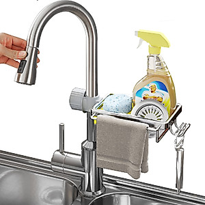 SIMCAS Sponge Holder, 2023 Upgraded NeverRust Sponge Holder for Kitchen Sink Caddy Organizer, Brush, Dishcloth, Over the Sink Faucet Sponge Holder Drain Rack for Kitchen & RV Accessory, Hooks, Silver