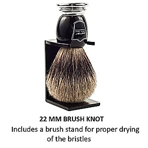 Parker Premium 3 Band Pure Badger Shaving Brush with Stand Included - Packaged in a Gift Box - Generate a Thick & Luxurious Lather with Your Favorite Shave Soap - Black & Chrome Handle