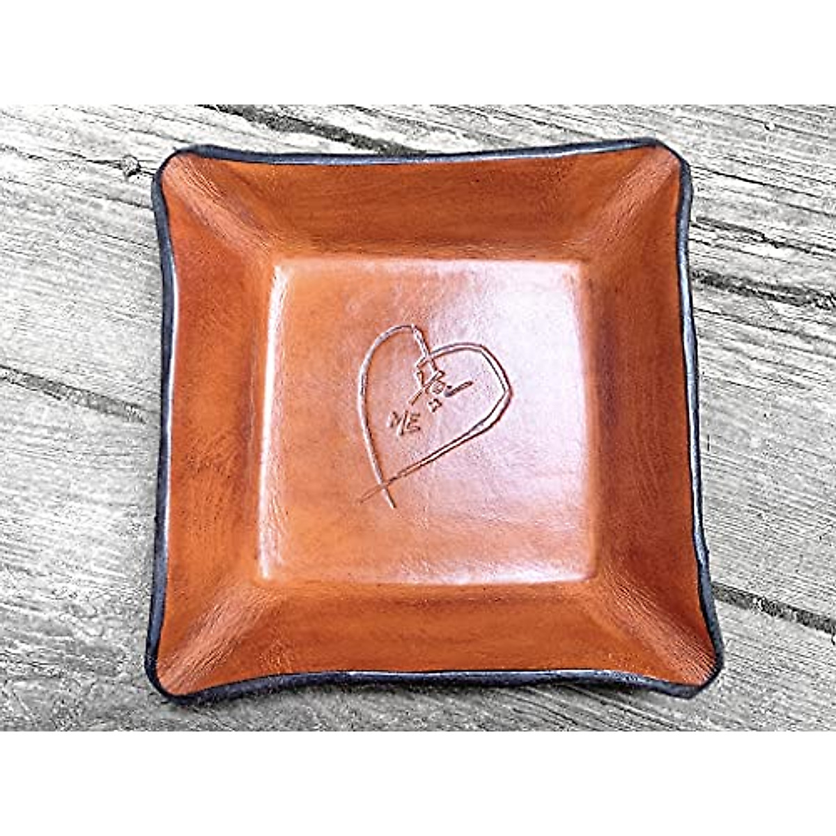 3rd Anniversary Leather Tray. Distressed Leather Valet with Heart.