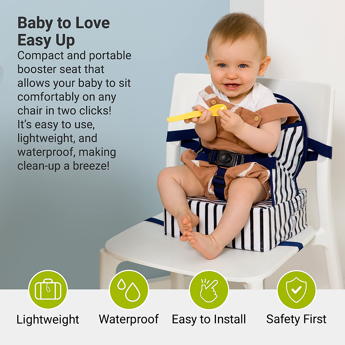BabyToLove Easy Up Baby Booster Seat | Lightweight On The Go and Easy to Carry | Blue Stripes