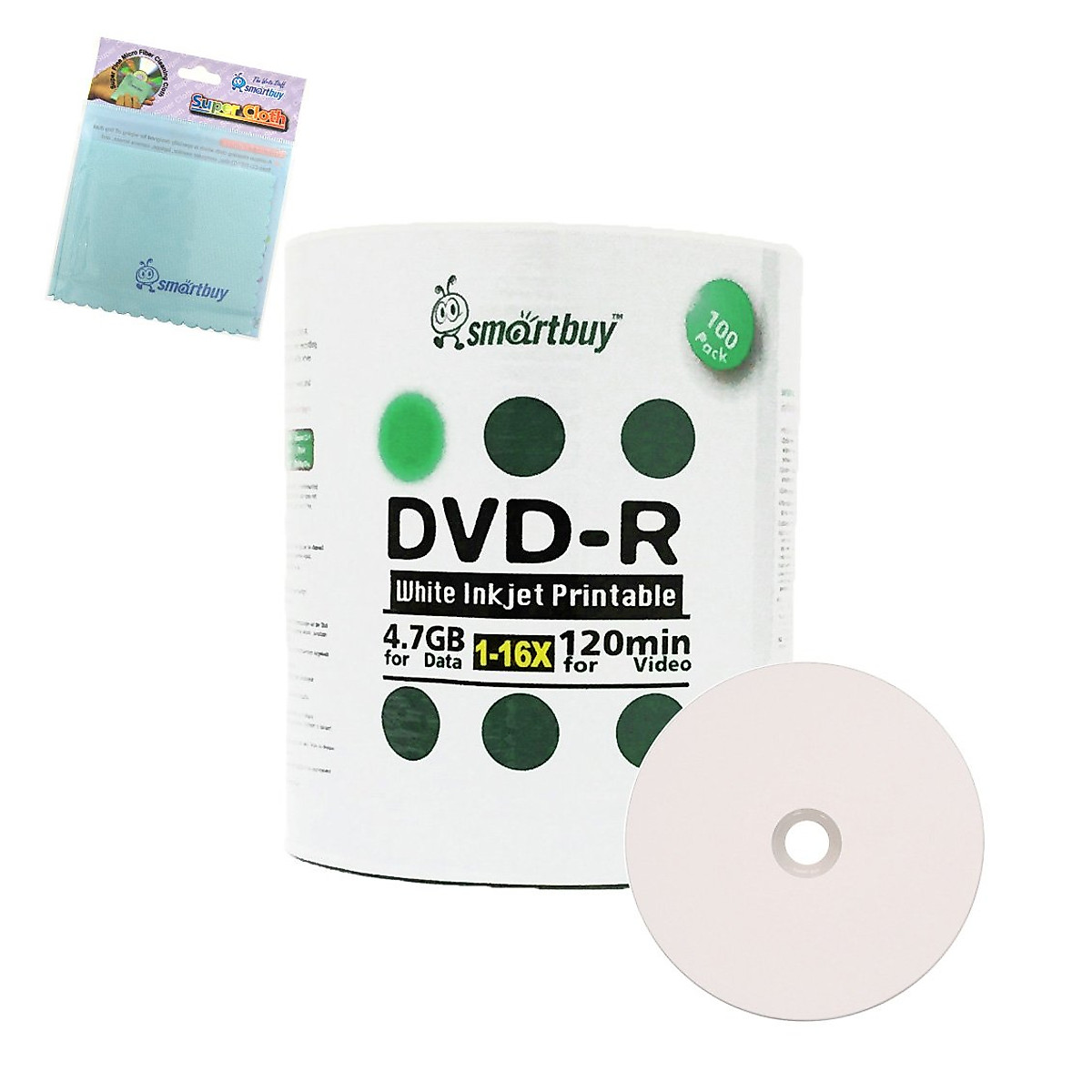Smartbuy 100-disc 4.7GB/120min 16x DVD-R White Inkjet Hub Printable Blank Media Disc + Free Micro Fiber Cloth