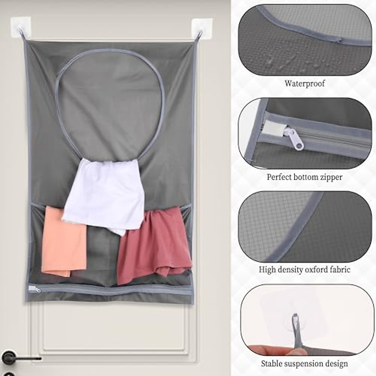 Giantree Hanging Laundry Hamper Bag, Door Hanging Hamper with 2 Strong Adhesive Hooks & 2 Stainless Steel Hooks Waterproof Hanging Laundry Bag for Dirty Clothes Large Hamper Clothes Storage