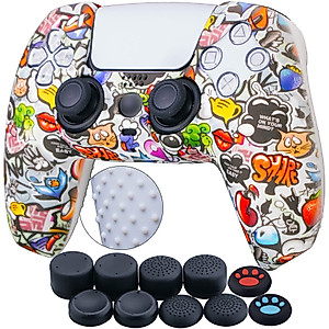 YoRHa Water Transfer Printing Silicone Thickened Cover Skin Case for PS5 Controller x 1(Lovely Graffiti) with Thumb Grips x 10
