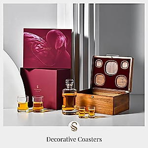Whiskey Decanter Set with Acacia Wood Storage Box, Whiskey Glasses, Shot Glasses, and Wooden Drink Coasters, Luxury Home Bar Gift Bundle for Men and Women