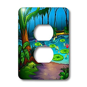 3dRose lsp_167241_6 Colorful Lake with Frogs Lilly Pads Trees and Fun Light Switch Cover