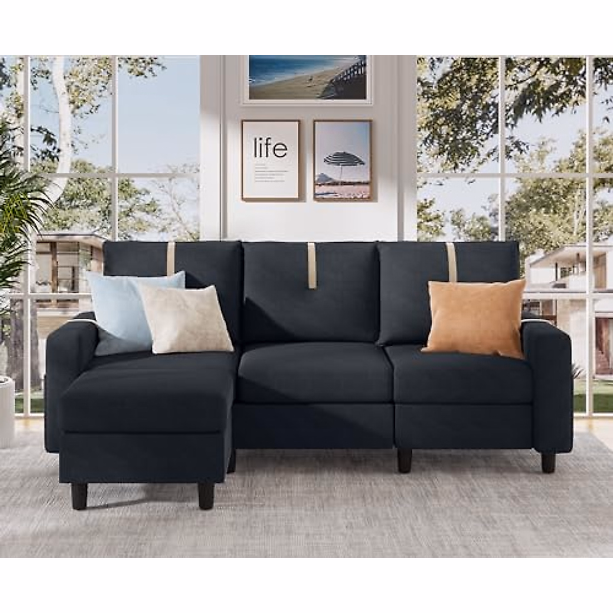 Pingliang Home 80" Sectional Sofas for Living Room, 3 Seat L Shaped Couch with Reversible Ottoman, Modern Linen Fabric Small Sectional Couch for Apartment Small Space, Dark Grey